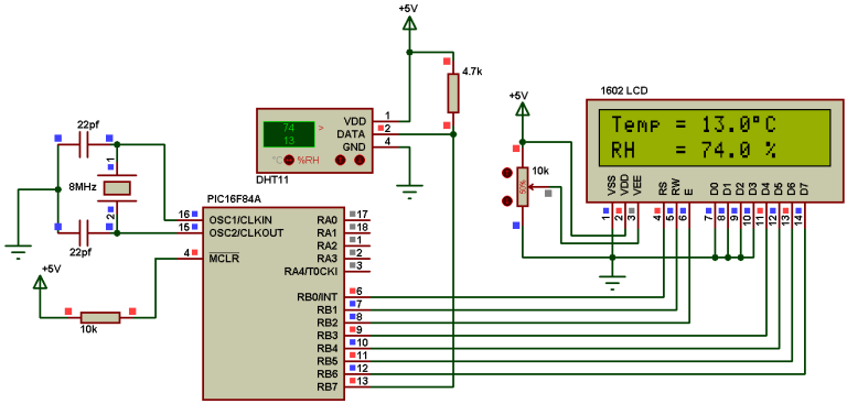 PIC16F84A + DHT11 digital sensor Proteus simulation
