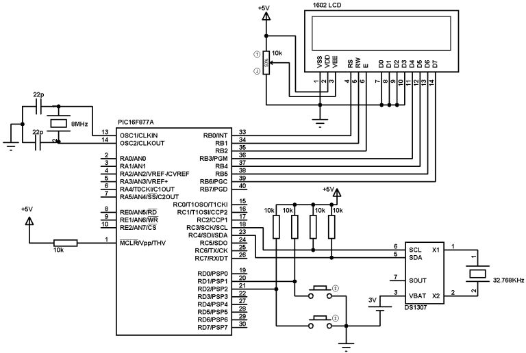 Real time clock using PIC16F877A and DS1307 RTC - CCS C