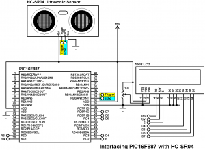 Distance meter using PIC16F887 and HC-SR04 ultrasonic sensor