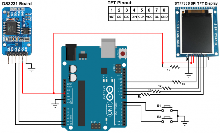 Arduino with DS3231 and ST7735 color TFT