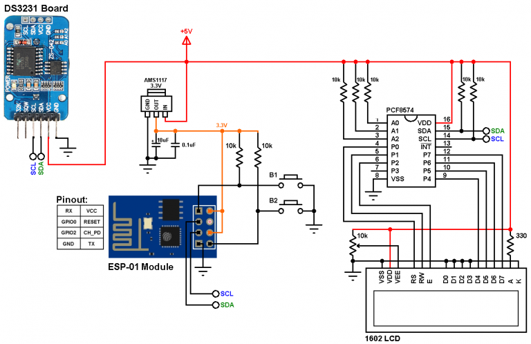 ESP8266 ESP-01 Real time clock with DS3231/DS1307