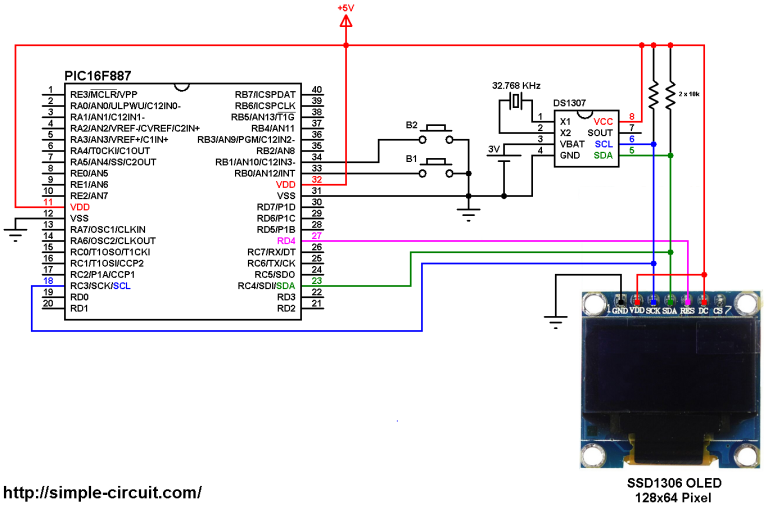 PIC16F887 Interfacing with SSD1306 and DS1307 | mikroC Projects