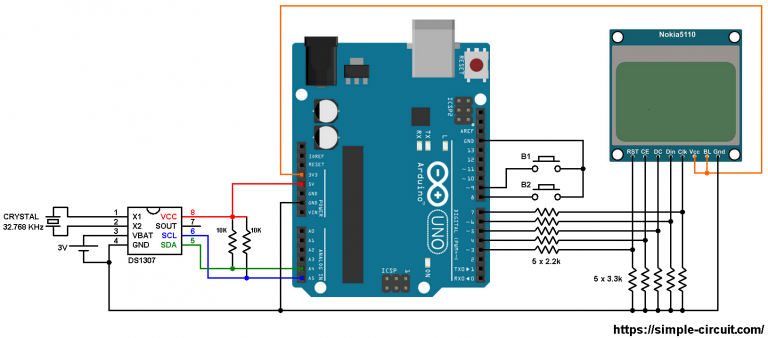 Arduino clock with NOKIA 5110 LCD and DS1307 RTC