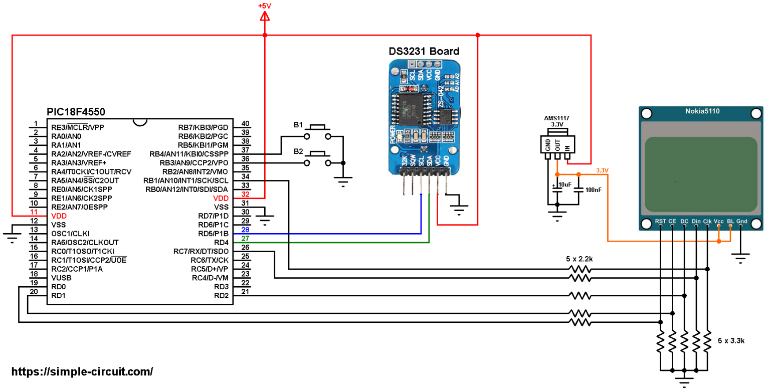 Interfacing PIC18F4550 with Nokia 5110 LCD and DS3231 RTC