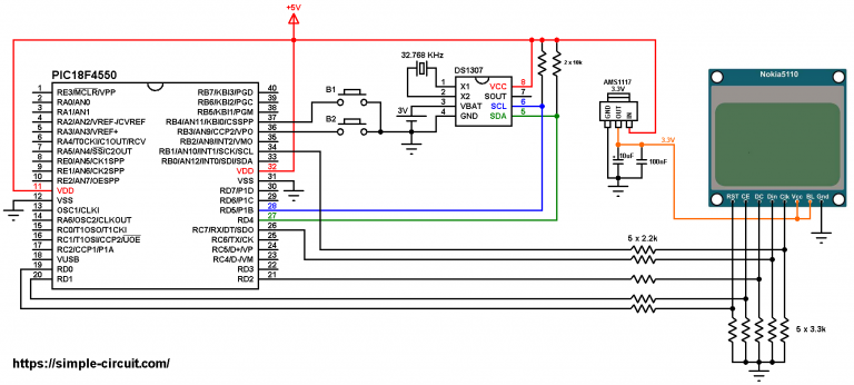 Real Time Clock using PIC18F4550, Nokia 5110 LCD and DS1307