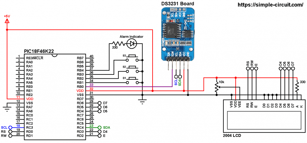 Real time clock with alarms using PIC18F46K22 and DS3231