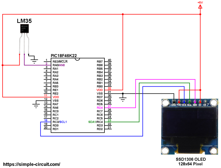 PIC18F46K22 with SSD1306 OLED and LM35 sensor | mikroC Projects