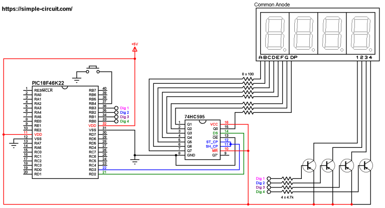 PIC18F46K22 with 74HC595 Shift Register and 7-Segment Display
