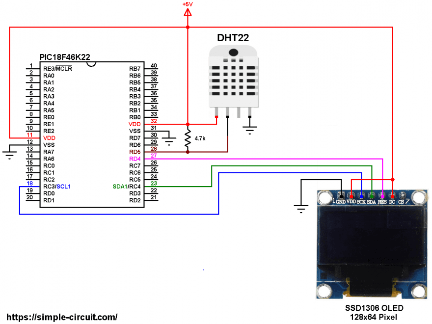 PIC18F46K22 with DHT22 sensor and SSD1306 OLED | mikroC Projects
