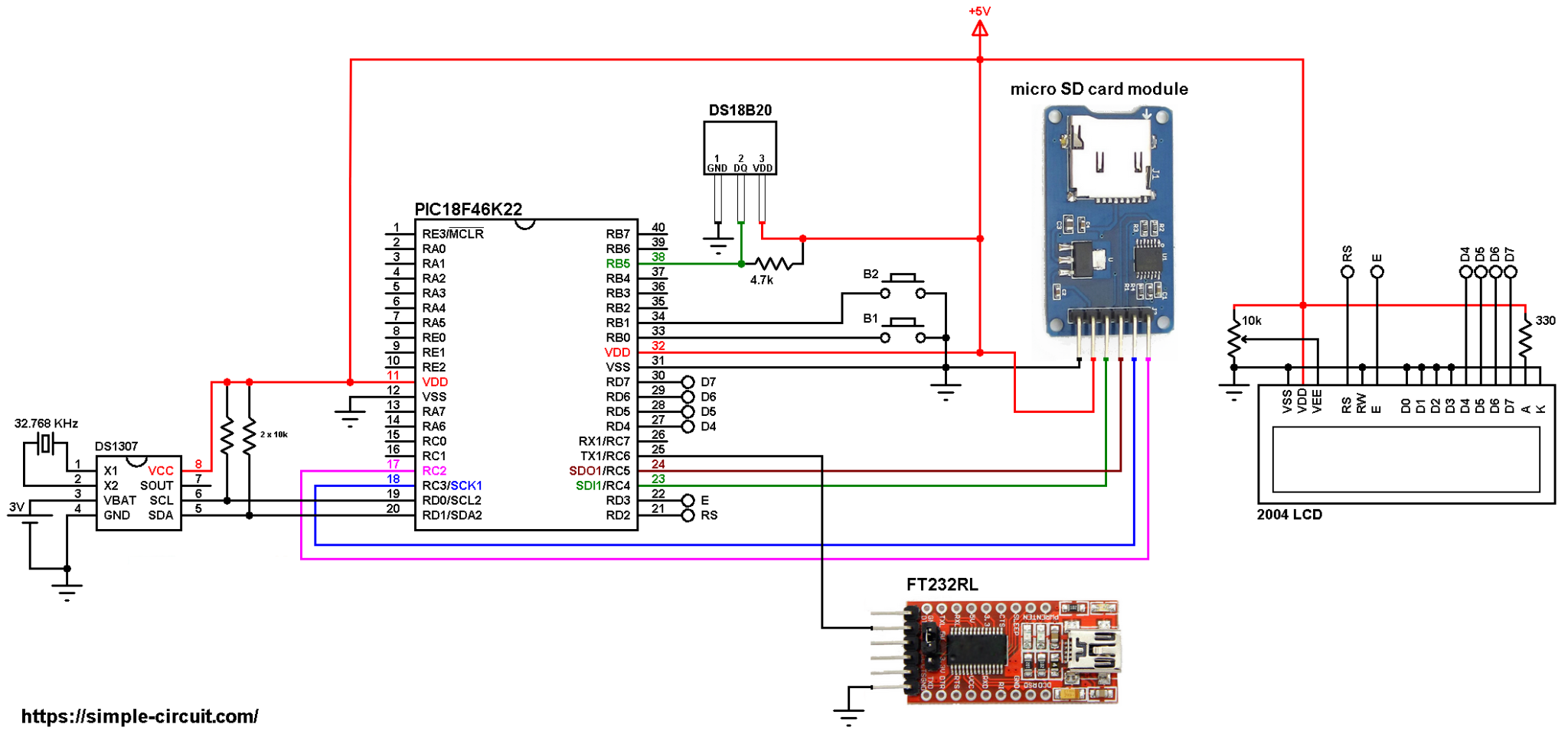 Temperature data logger using PIC18F46K22, SD card and DS18B20