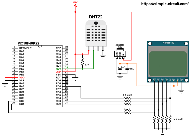 PIC MCU with DHT22 sensor and Nokia 5110 LCD | mikroC Projects