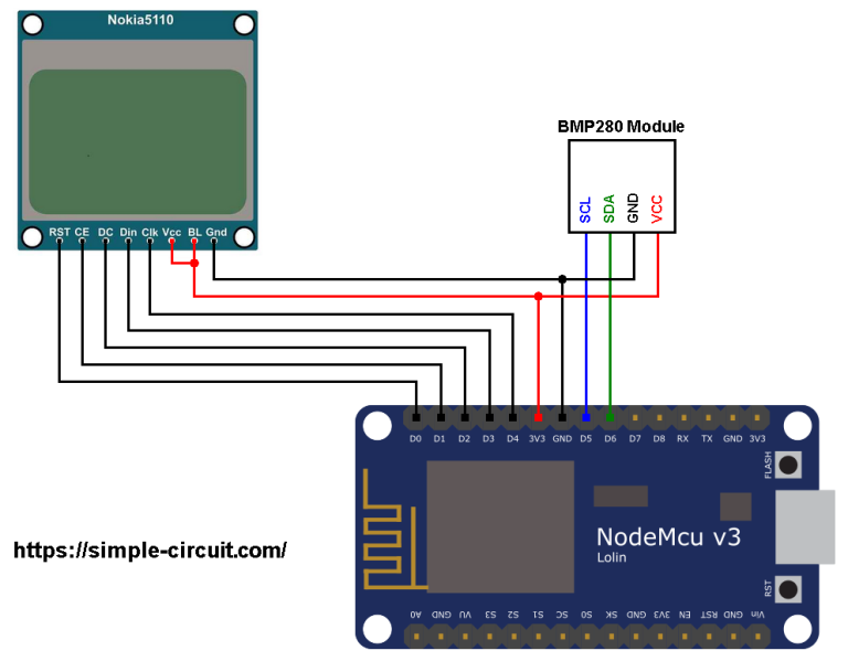 ESP8266 NodeMCU with BMP280 Sensor and Nokia 5110 LCD ESP8266 NodeMCU with BMP280 Sensor and Nokia 5110 LCD