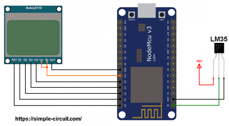 NodeMCU with Nokia 5110 LCD and LM35 Temperature Sensor