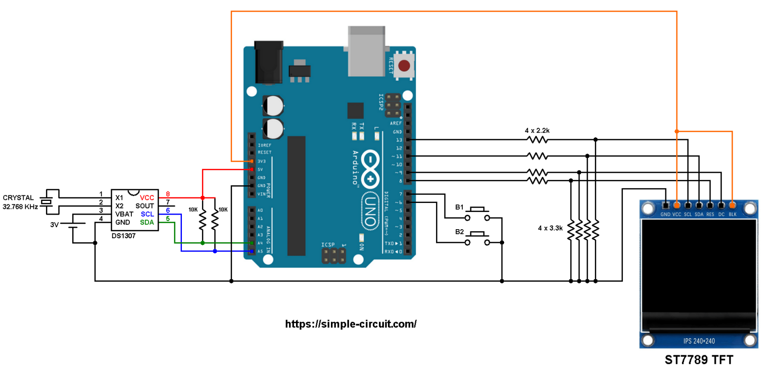 Arduino with ST7789 TFT Display and DS1307 RTC